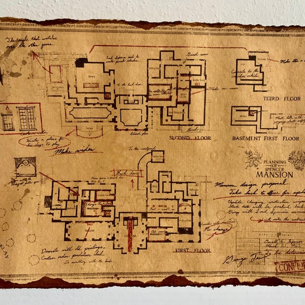 Distressed Map Replica - Spencer Mansion - Antiqued Aged Rustic Paper ...