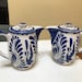 Two Mexican Anfora Puebla Blue Lidded Pitcher Creamers, Blue and White ...