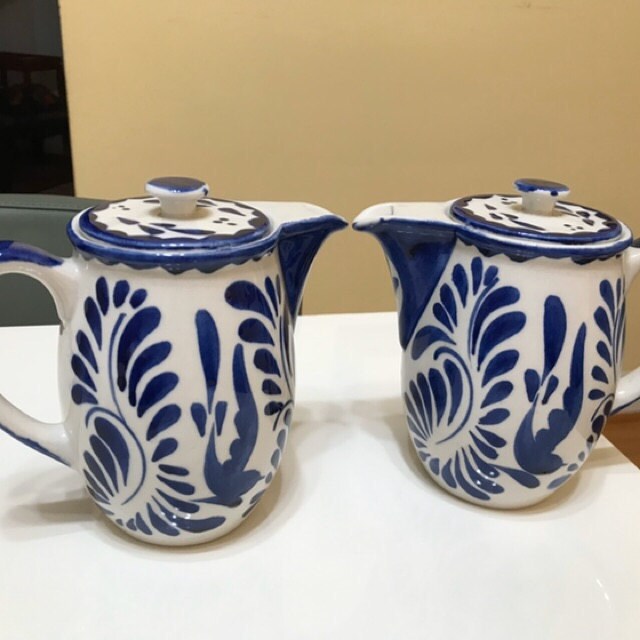 Two Mexican Anfora Puebla Blue Lidded Pitcher Creamers, Blue and White ...