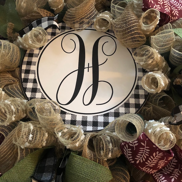 Personalized Buffalo Plaid Initial Monogram Sign Farmhouse Wreath Sign ...