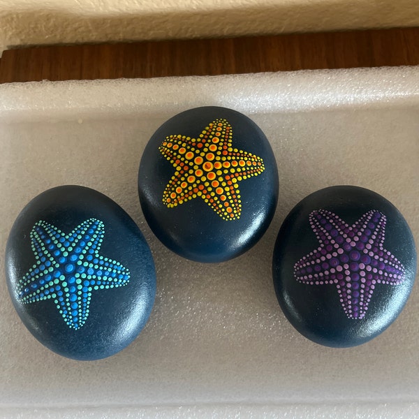 Set of Three Custom Painted Starfish Dot Art Stones, Nautical Decor ...
