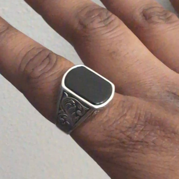 Men's Black Onyx Square Stone Handmade Silver Ring, Classic Style ...