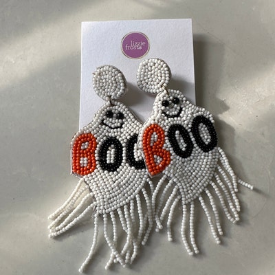 Beaded Halloween Earrings, Ghosts Boo Fringe Earrings, Skull Earrings ...