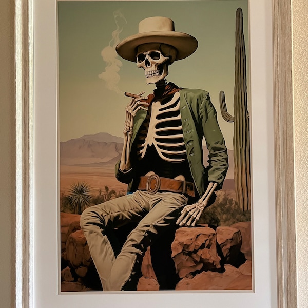 Cigar Trails / Retro Skeleton Cowboy Art, Western Wall Art, Cowboy ...