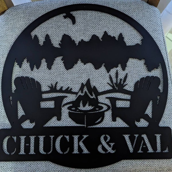 Firepit With Chairs Metal Name Sign, Personalized Metal Fire Pit Sign ...