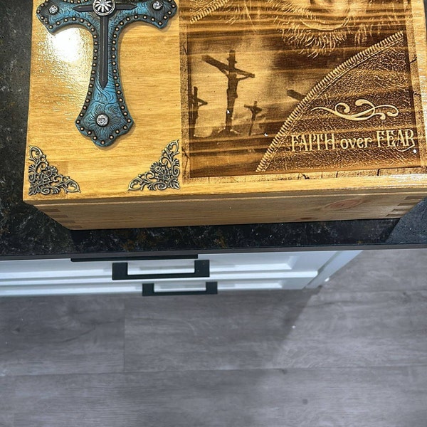 Faith Over Fear Engraved Jesus Handmade Wooden Bible Box With Blue ...