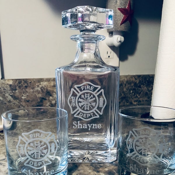 Firefighter Decanter Set, Personalized Fireman Glass Set, Maltese Cross ...