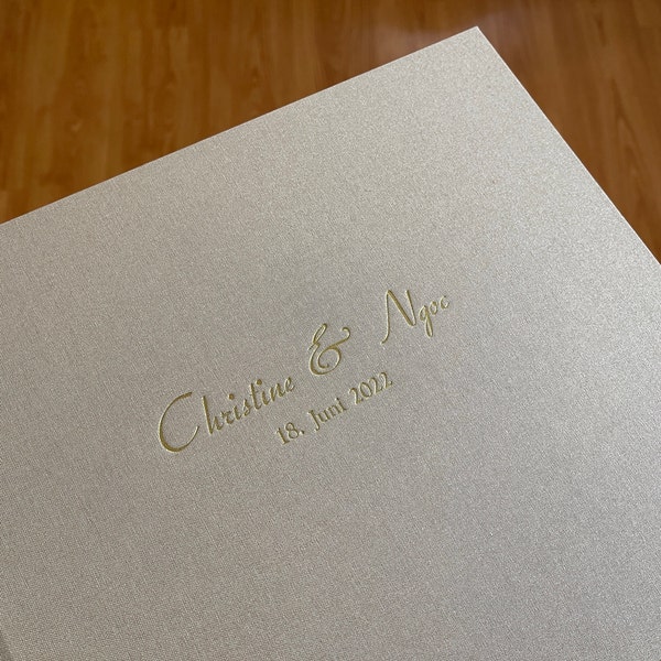 Champagne Linen Lay Flat Guest Book | Gold Lettering | Gold Emboss ...