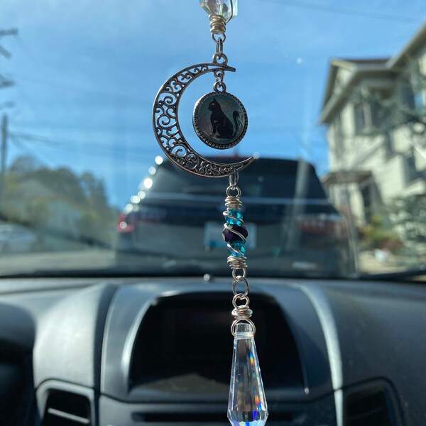 Cat Car Charm, Boho Moon Decor, Moon Suncatcher, Crystal Car Charm, Cat ...