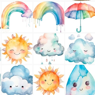 Watercolor Cute Weather Clipart Happy Rainbow Baby Shower baby Birthday ...