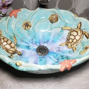 Vessel Sink Sea Turtles Ocean Waves Sandy Beach Handmade Art - Etsy