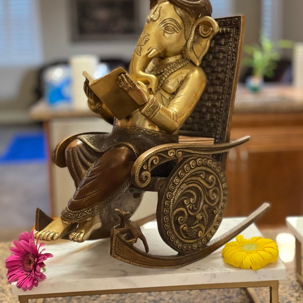 Brass Ganesha Statue: Reading Book on Rocking Chair, Hindu Decor (40cm ...