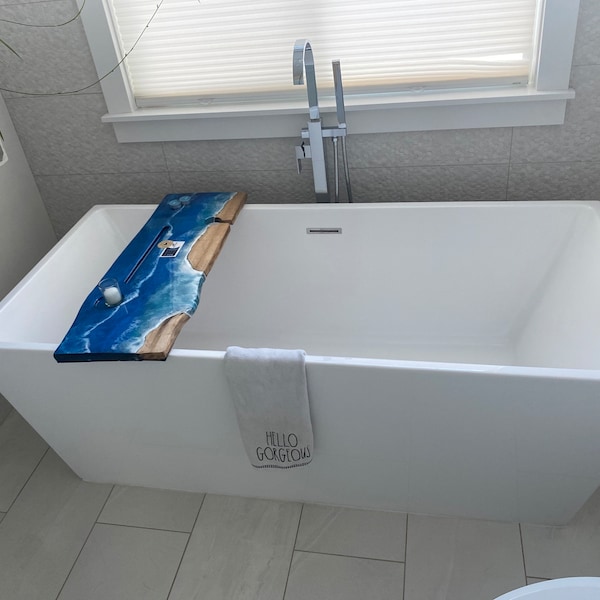 Bath Caddy, Bathtub Tray, Beach Resin, Ocean, Wood Bath Board, Gift for ...
