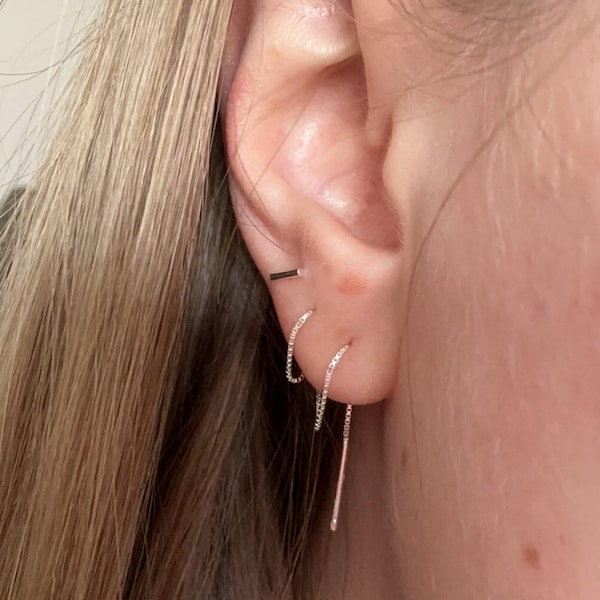 Thread Earrings, Pull Through Earring, Double Piercing Earring Chain, Ear Thread, Bar Threader ...