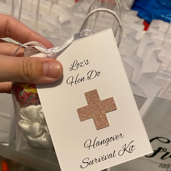 Personalised Hangover Kit Tags and Bags. Hen Party Favour Survival Kit ...