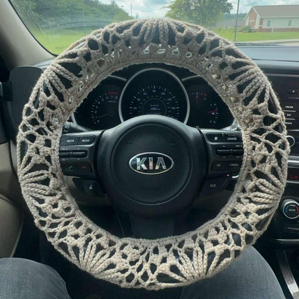 Cute Fluffy Soft Grey Car Steering Wheel Cover, Crochet Steering Wheel ...