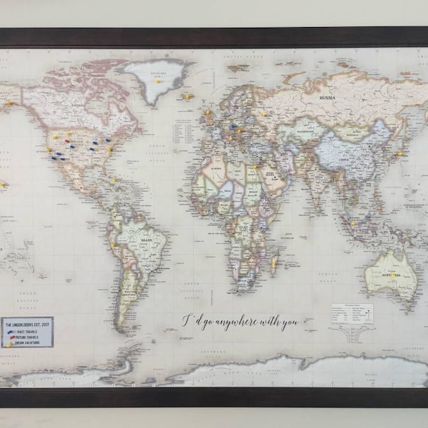 Magnetic World Travel Map With Pins – Distressed Vintage Wall Art for ...