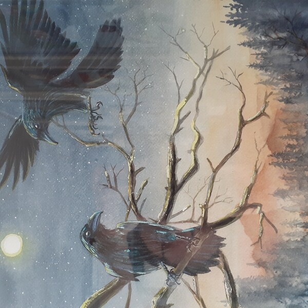 Black Raven & Golden Moon Phases - Art Print, Flying Raven Watercolor ...