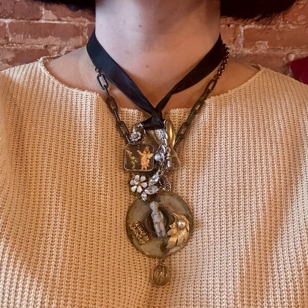 Assemblage Worn Leather Rocker Pendant. Boho Foundobject Jewelry. - Etsy