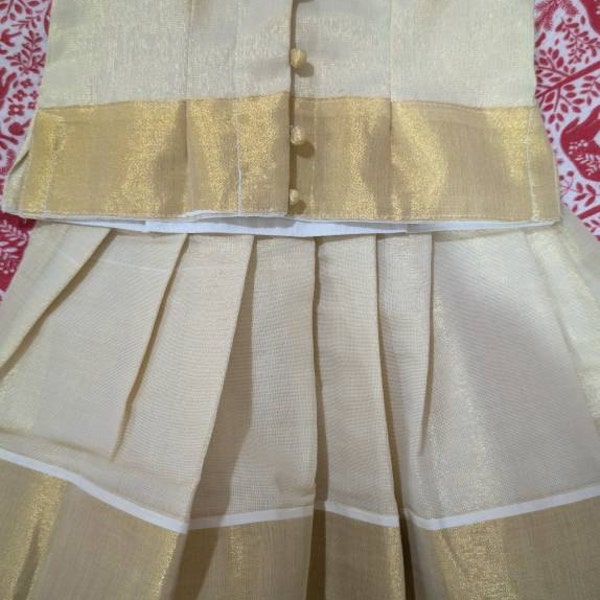 Kerala Mundu Style Cotton Half Saree Set - Skirt and Contrast Blouse ...