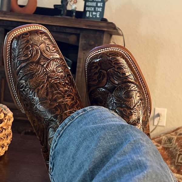 Men Cowboy Western Hand Tooled Square Toe Boot Bota Vaquera Estilo ...