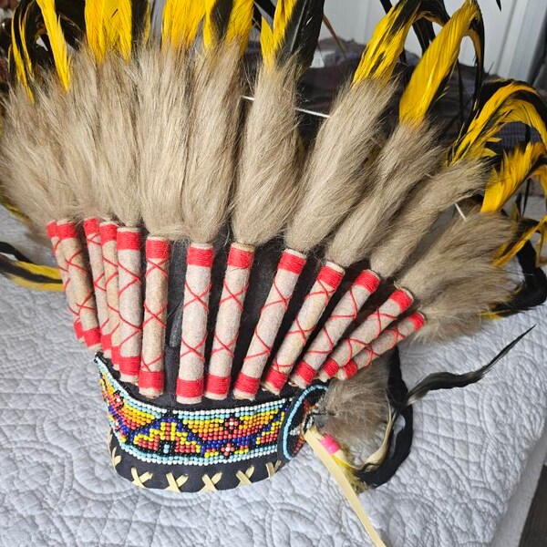 Natural Red Indian Headdress Replica Made With Dyed Feathers and Beads ...