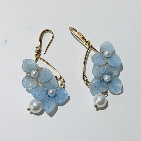 Blue Hydrangea Hoop Earrings, Real Flower Hydrangea Earrings, Wedding ...