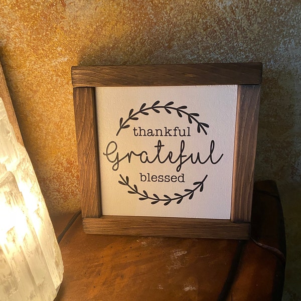 Laurel Leaf Thankful Grateful Blessed Rustic Wood Sign, Multiple Sizes ...