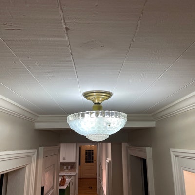 LOOK NEW Antique Brass 3-chain Light Fixture vintage Art Deco Shade ...