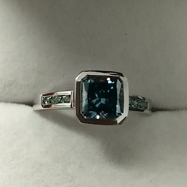 1.50 CT Cushion Cut Cyan Blue Moissanite Ring, Bezel Set, Channel Pave ...