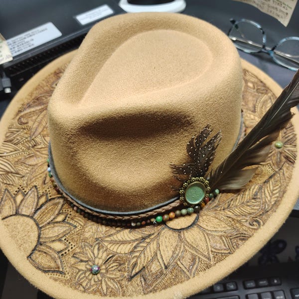 Yellow Mexican Suede Hat Hand Burned Painted Aztec Southern Cowgirl ...