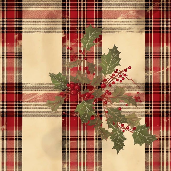 Vintage Christmas Plaid Pattern Collage Sheet Holiday Rustic Floral ...