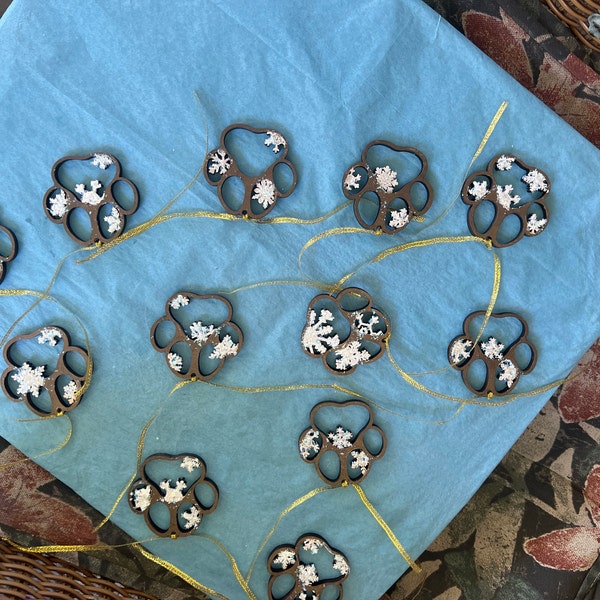 Set of 12 Paw Print Snowflakes, Handmade Snowflake Ornament, Wood Pet ...