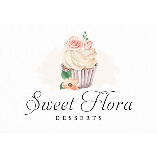 Premade Logo • Cupcake Logo • Floral Cup Cake Logo • White Flowers ...