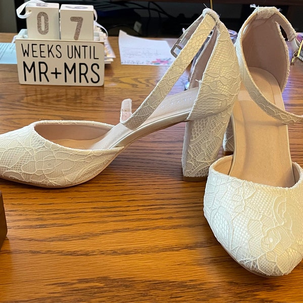 Ivory Lace Block Heel With SATIN BACK BOW, Women Wedding Shoes ...