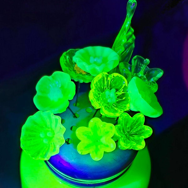 Miniature Uranium Glass Flowers, Sold Individually, Recycled Vintage ...