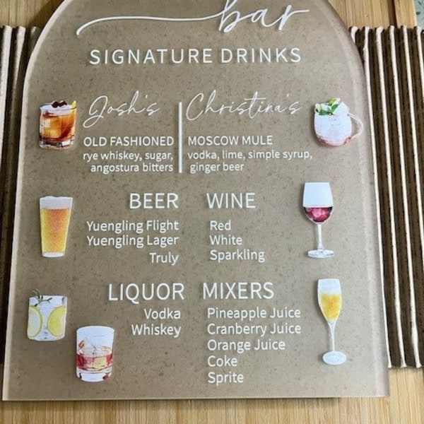 Frosted Acrylic Arch Bar Menu Signature Drink Sign Custom Wedding Drink ...