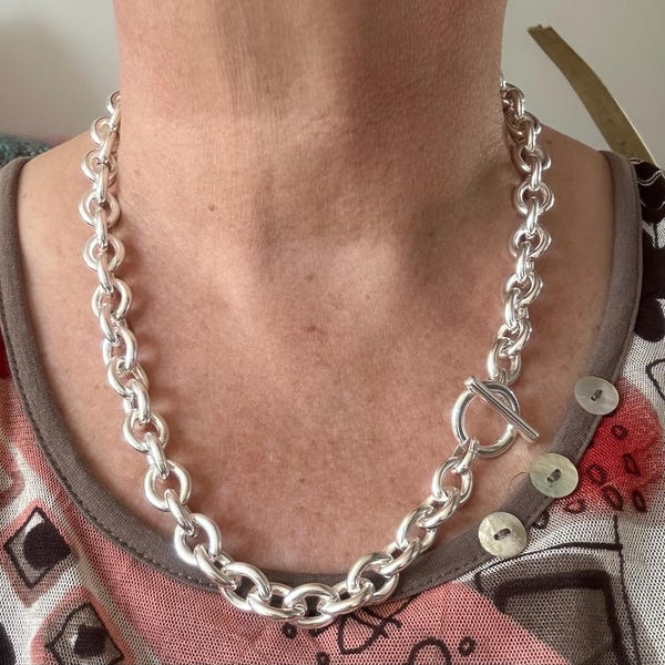 Silver Necklace, Chunky Rolo Chain Necklace, Silver Boho Necklace ...