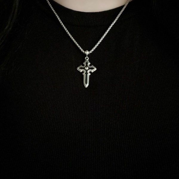 Silver Black Gothic Cross Necklace Stainless Steel Statement Pendant Choker Layer Chrome Y2k
