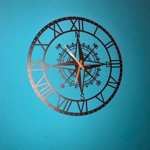 Unique Latin Numeral Compass Metal Wall Clock, Extra Large Modern ...