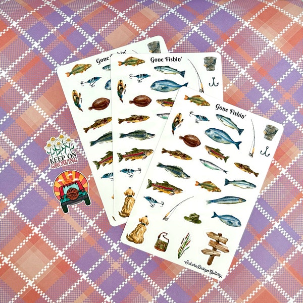 Let's Go Fishing Sticker Sheet, Cute Kids Stickers, Fish Lovers, Day at ...