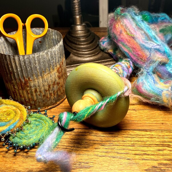 Art Yarn Drop Spindle W/fiber, Wood Burned Spiral Design, Bottom Whorl ...