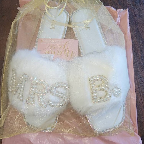 Bride Faux White Fur- Mrs. Slides, Personalized Bride Slides ...