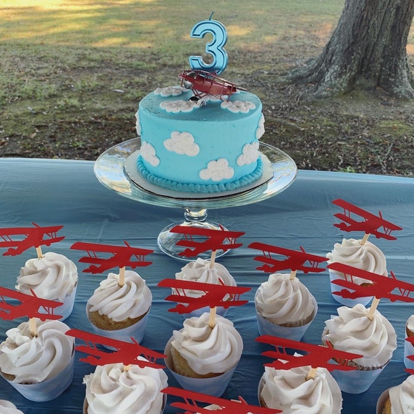 12 Airplane Cupcake Topper Birthday Decorations, Aviation Theme Event ...