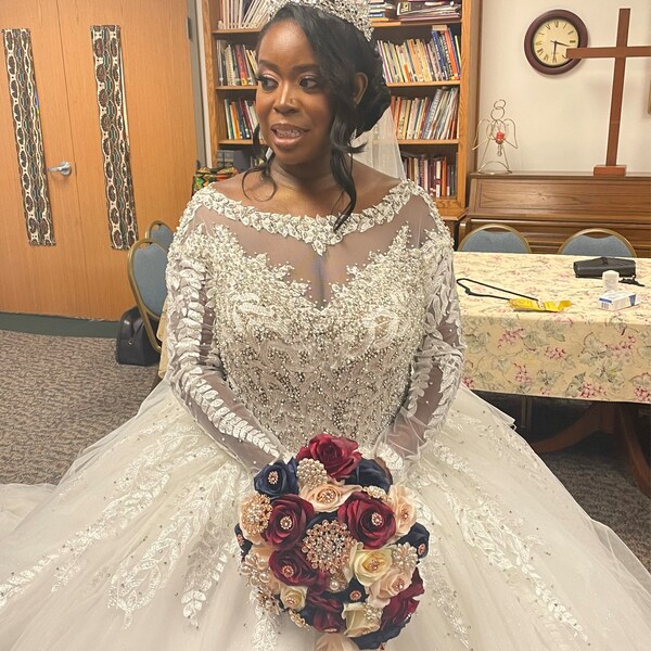 Burgundy Ivory Cascading Bridal Bouquet: Rose Gold Jewelry Bling - Etsy