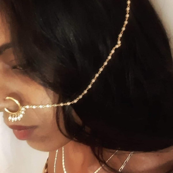 Nose Ring Chain Nath Indian Jewelry Jewellery Gold Plat Pierced Nose ...