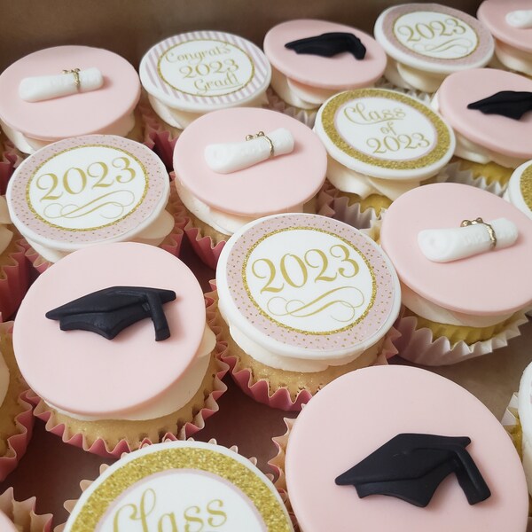 Pink Graduation Cupcake Toppers - Pink & Gold Glitter Printable 2025 ...