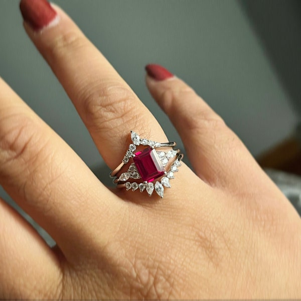 Emerald Cut Ruby Ring Set/ruby Engagement Ring Set for Women/sterling ...