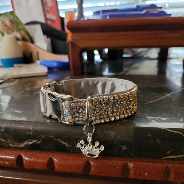 Real Rhinestone Bling Dog Collar 1" Grey Satin Four Sparkling Rows of ...