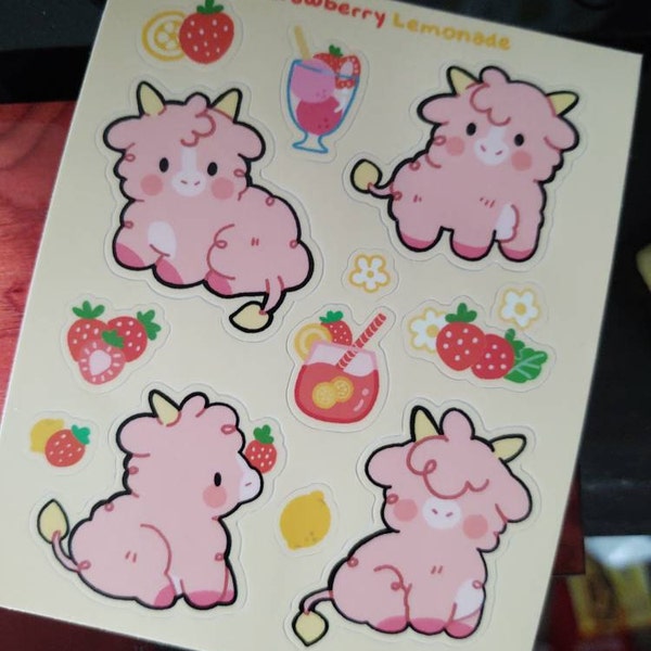 Strawberry Lemonade Cow - Cute Highland Cow Sticker Sheet - - Etsy
